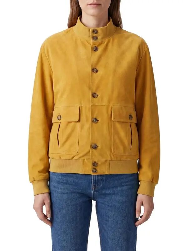 VALSTAR Suede Leather Bomber Jacket With High Collar And Button Closure - Mustard