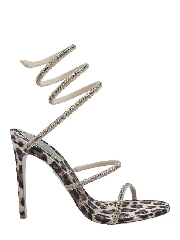 Rene Caovilla Cleo Animalier Print Satin Sandals With Snake Strap And Crystals - Multicolor