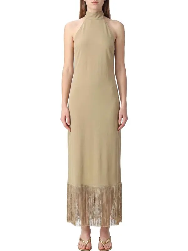 TALLER MARMO Halterneck Midi Dress With Fringe Details - Gold