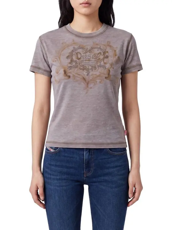 DIESEL® Slim Fit Cotton T-shirt With Rhinestone Logo - Beige