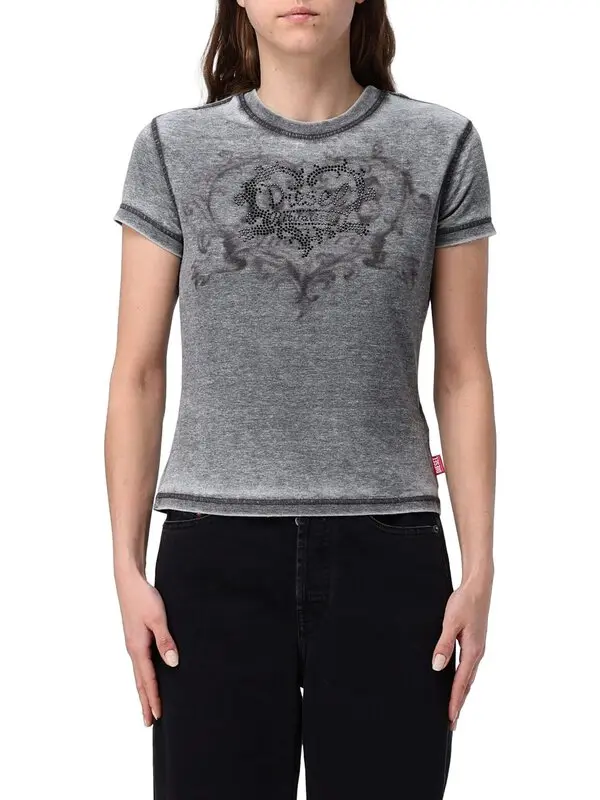 DIESEL® Slim Fit Cotton T-shirt With Rhinestone Logo - Grey