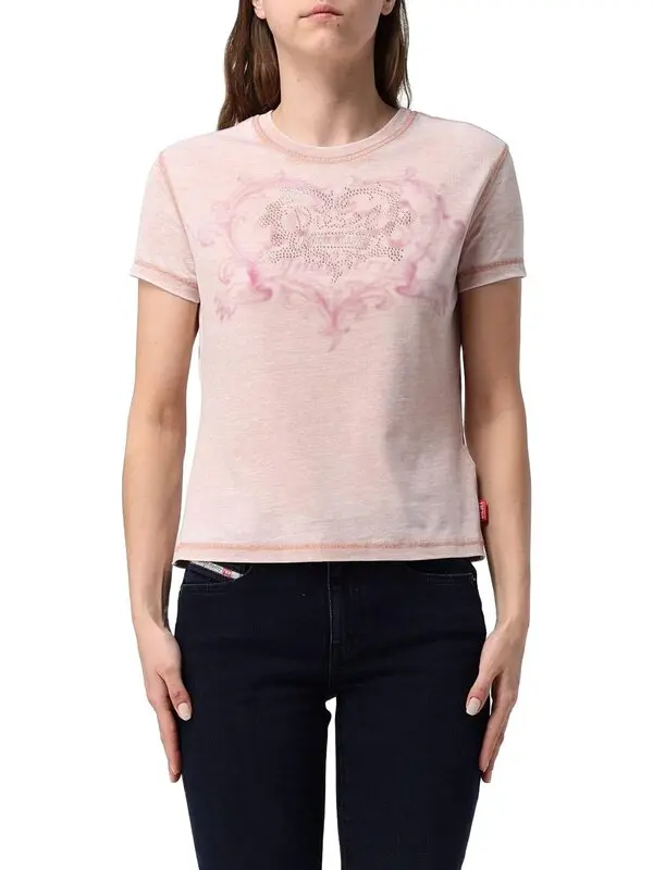 DIESEL® Slim Fit Cotton T-shirt With Rhinestone Logo - Pink