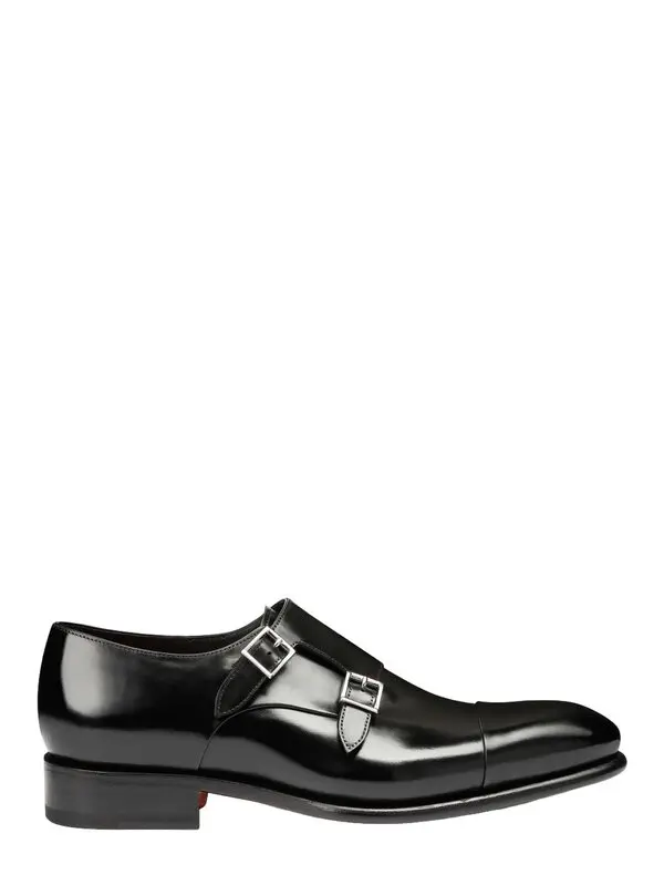 Santoni Brushed Leather Monk Strap Shoes - Black