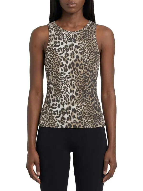 GANNI Leopard Print Ribbed Tank Top - Brown