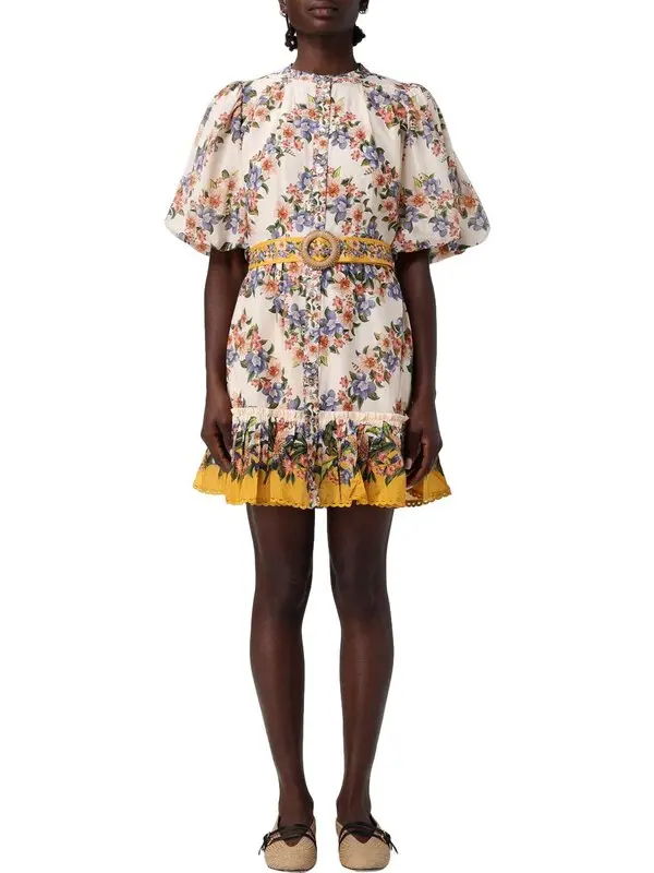 Farm Rio Floral Print Puff Sleeve Mini Shirtdress - Sand