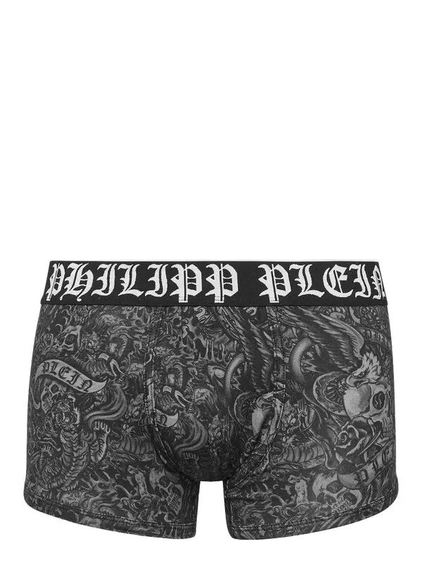Philipp Plein Stretch Cotton Blend Boxer Shorts With Tattoo Print - Black