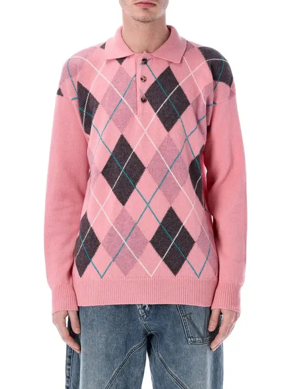JW Anderson Diamond Pattern Wool Knit Polo Shirt - Pink