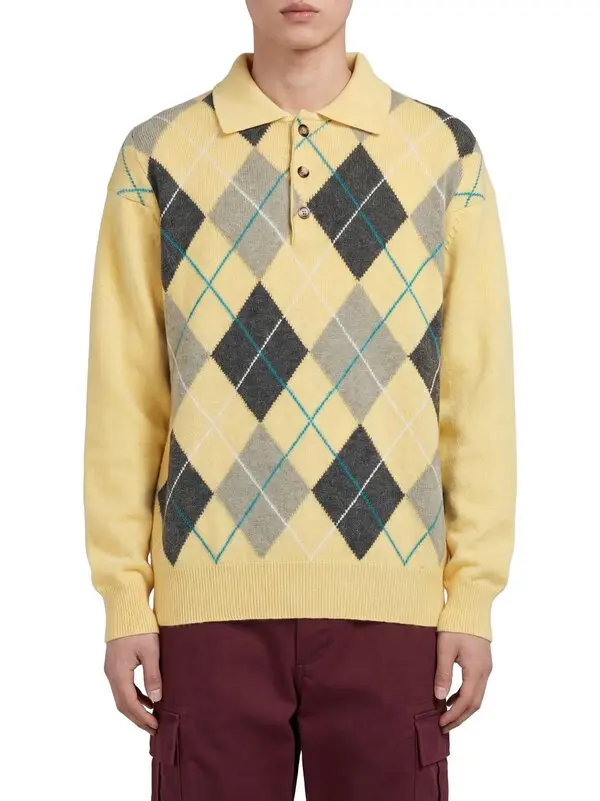 JW Anderson Diamond Pattern Wool Knit Polo Shirt - Yellow