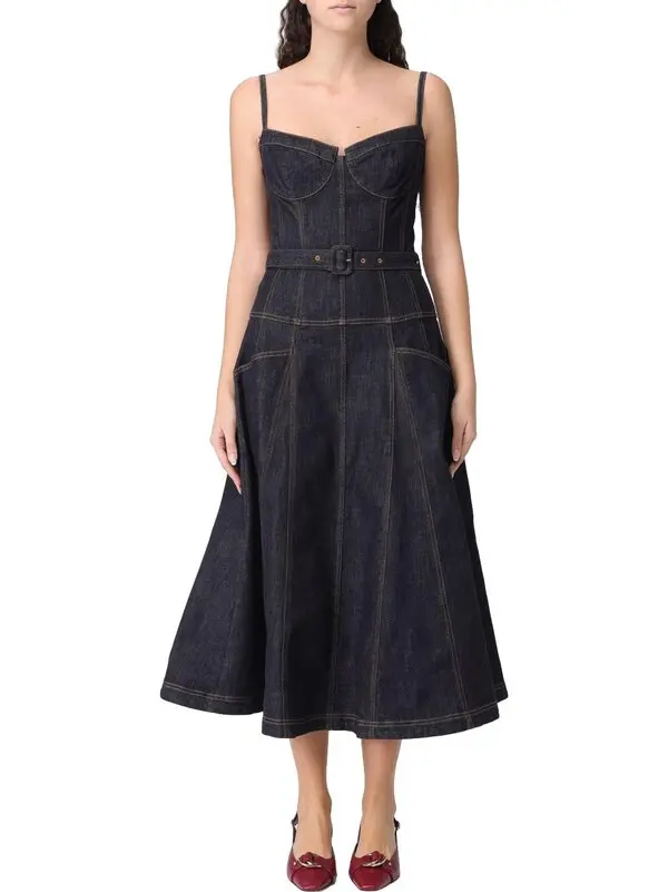 SELF-PORTRAIT Denim Midi Dress With Belt - Blue
