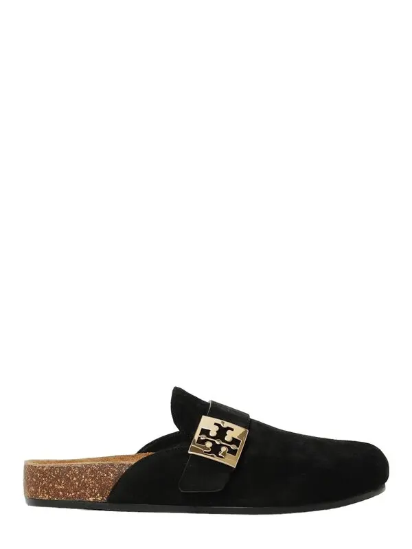 Tory Burch Suede Mule Shoes With Gold-tone Logo Buckle - Black