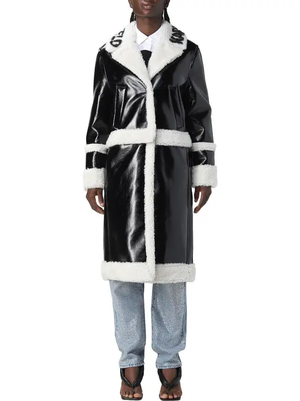 Karl Lagerfeld Faux Leather Shearling Trim Coat - Black