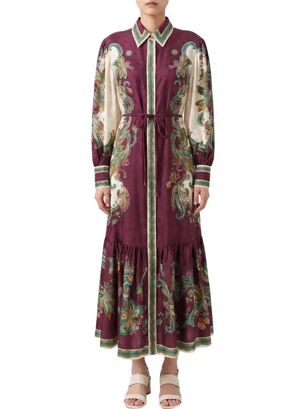 ALEMAIS Long Silk-blend Shirt Dress With Ethnic Print And Balloon Sleeves - Multicolor