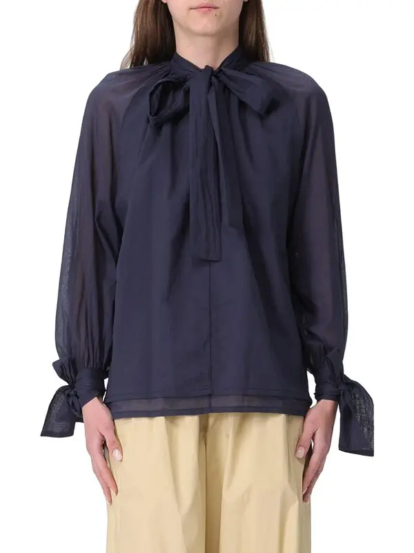 TELA Cotton Blouse With Pussy-bow Collar And Tie Cuffs - Blue