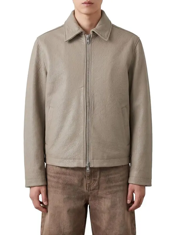 SUNFLOWER Leather Shirt Jacket With Classic Collar And Zip Closure - Beige