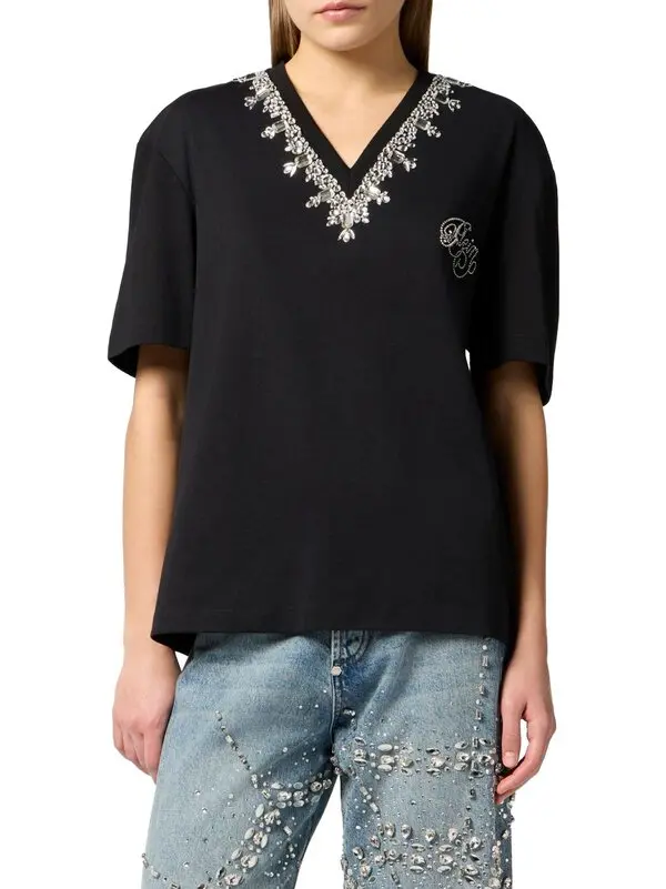 Philipp Plein Embellished V-neck T-shirt - Black
