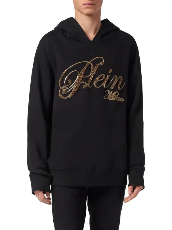 Philipp Plein Embellished Logo Cotton Hoodie - Black