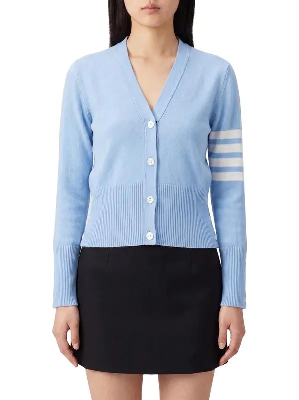 Thom Browne 100% Cashmere V-neck Cardigan With 4-bar Detail - Gnawed Blue
