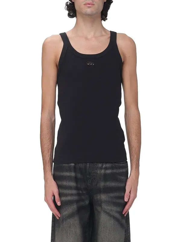 DIESEL® Slim Fit Ribbed Cotton Tank Top With U-neck And Oval D Logo - Black
