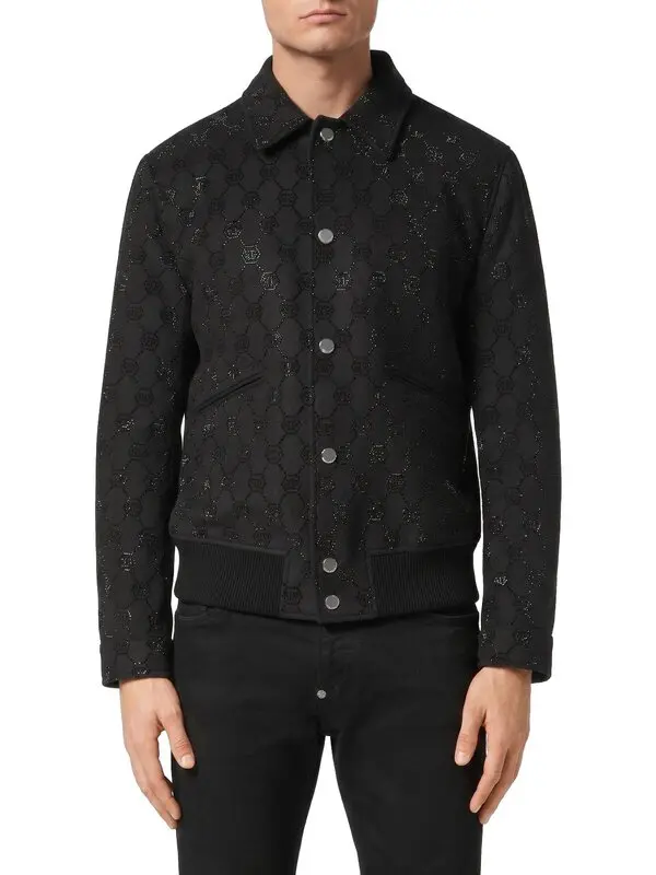 Philipp Plein Rhinestone Monogram Wool Bomber Jacket - Black