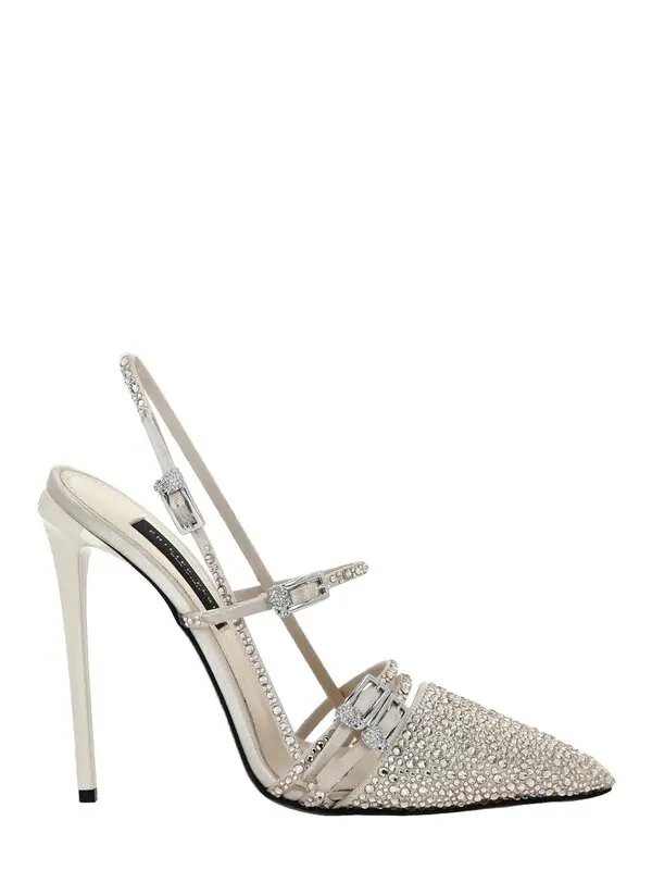 Philipp Plein Suede Slingback Pumps With Rhinestone Embellishments - Beige