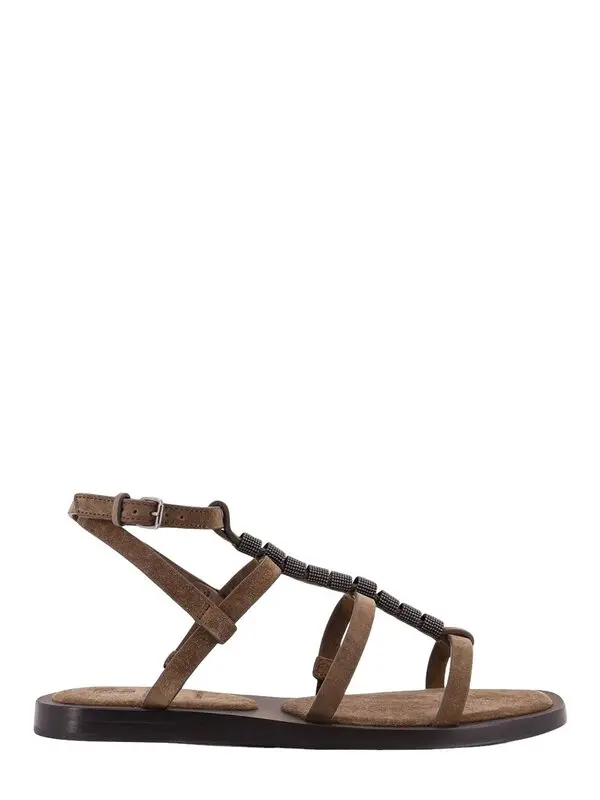 Brunello Cucinelli Suede Sandals With Monile Embellishment - Mud