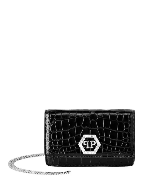 Philipp Plein Crocodile Print Leather Clutch With Rhinestone Hexagon - Black