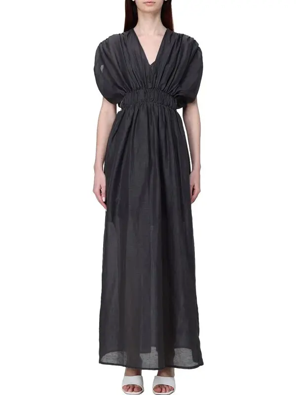 120% Lino Long Dress In Linen And Cotton Blend - Charcoal