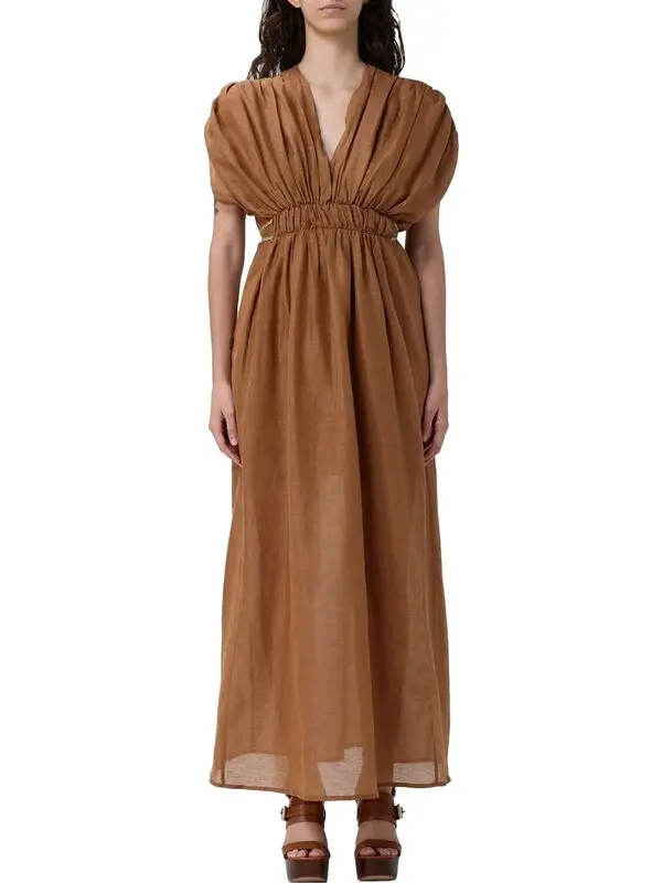 120% Lino Long Dress In Linen And Cotton Blend - Leather