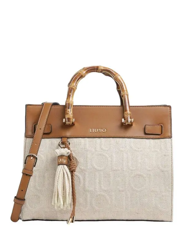 Liu Jo Faux Leather And Canvas Bag With Embossed Logo - Beige