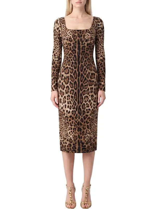 Dolce & Gabbana Leopard Print Stretch Viscose Sheath Midi Dress - Brown