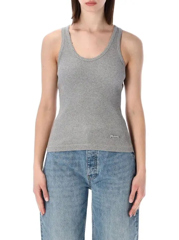 GANNI Ribbed Organic Cotton Tank Top - Grey