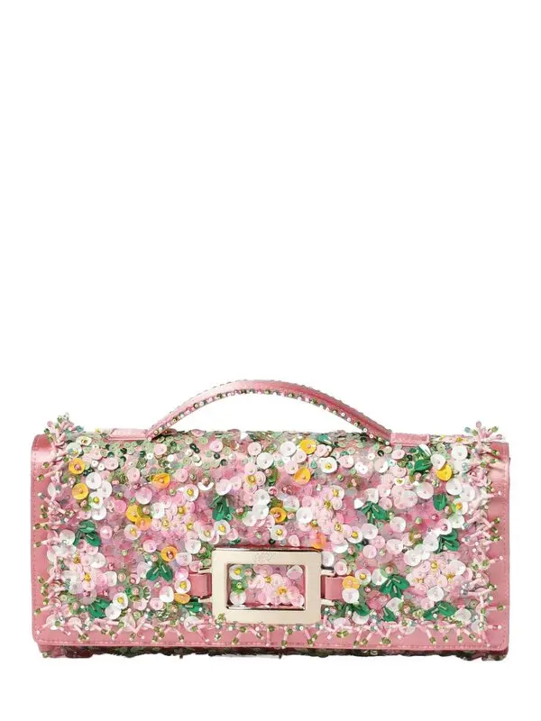 ROGER VIVIER Belle Vivier Embroidered Satin Clutch - Pink