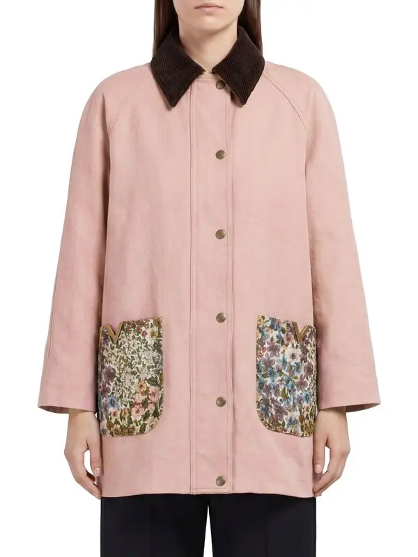 Valentino Garavani Denim Jacket With Velvet Collar And Floral Embroidery - Pink