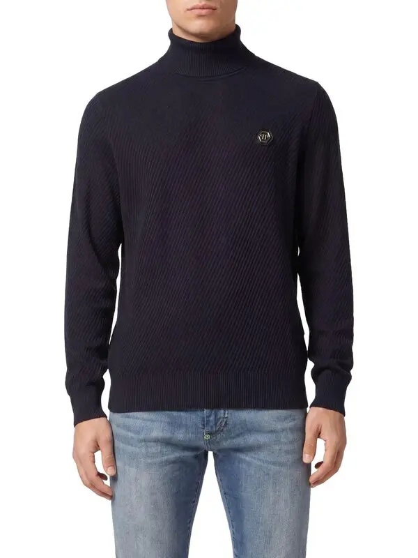 Philipp Plein Merino Wool And Silk Blend Turtleneck Sweater With Hexagon Monogram Logo - Navy