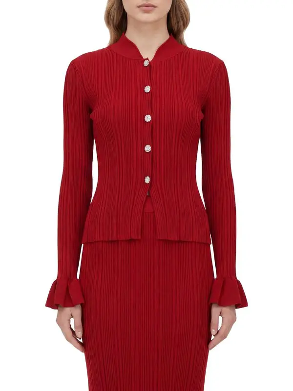 SELF-PORTRAIT Ribbed Knit Cardigan With Embellished Buttons - Red