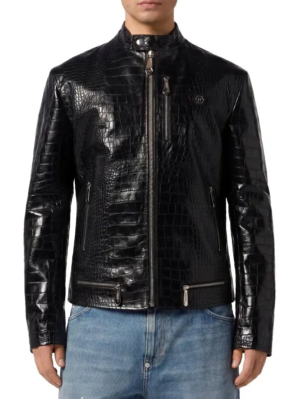 Philipp Plein Crocodile Print Leather Biker Jacket - Black