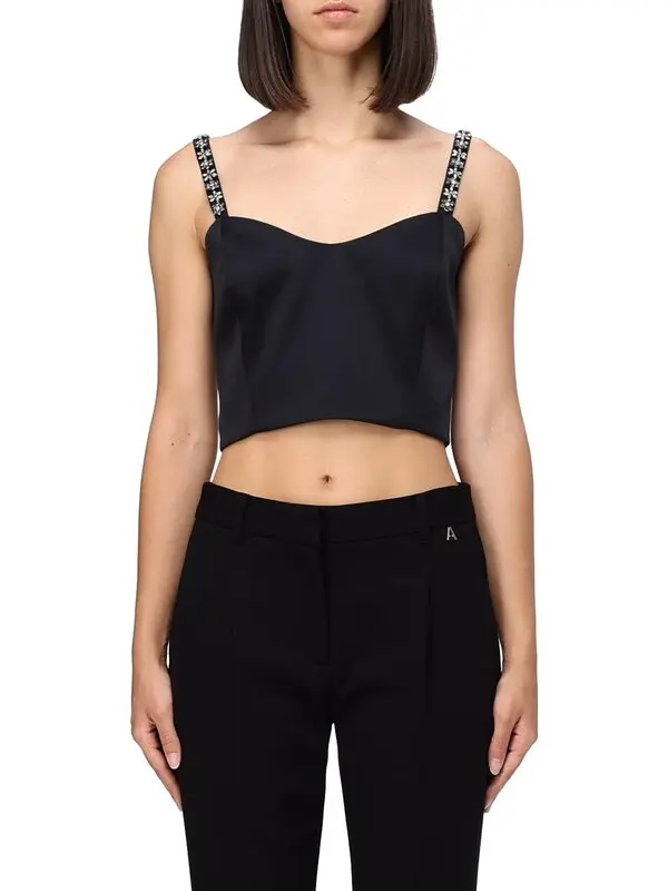 TWINSET Embellished Strap Cropped Satin Top - Black