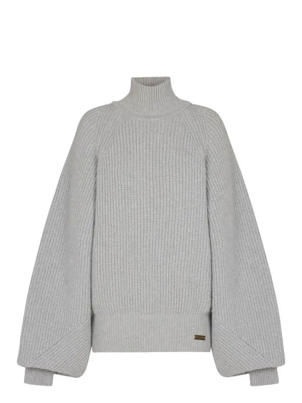 Balmain Ribbed Knit Jumper With High Neck And Voluminous Sleeves - Grey