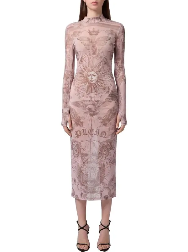 Philipp Plein Long Sleeve Printed Midi Dress - Fuchsia