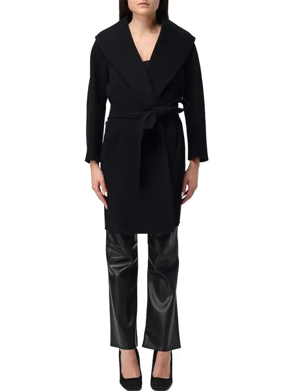 Max Mara Belted Virgin Wool Robe Coat With Shawl Collar - Black