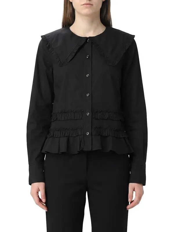 GANNI Cotton Shirt With Sailor Collar And Ruffled Hem - Black