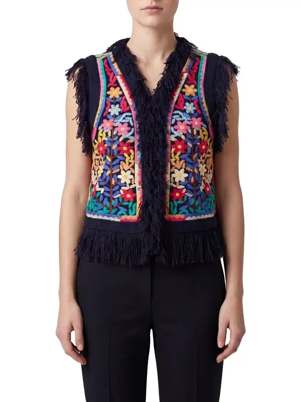 Antik Batik Sleeveless V-neck Embroidered Vest With Fringe - Blue