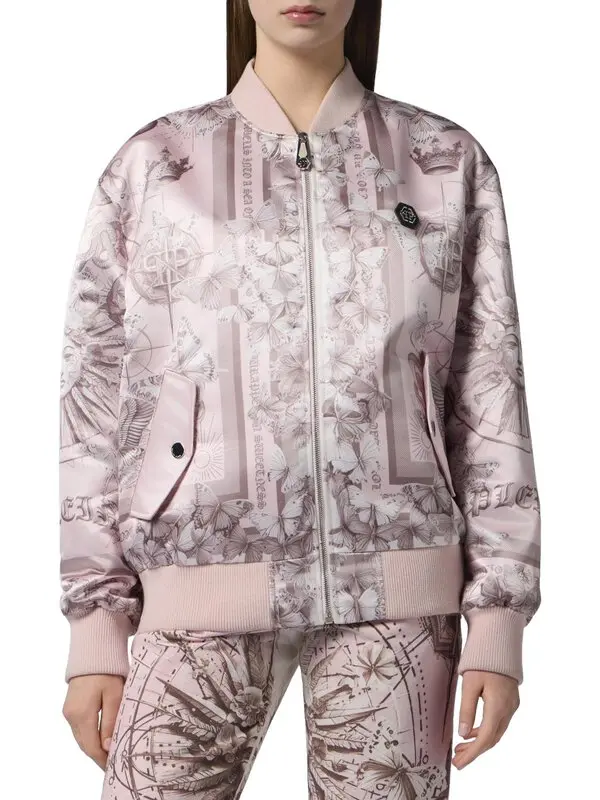 Philipp Plein Satin Bomber Jacket With Butterfly Print - Fuchsia