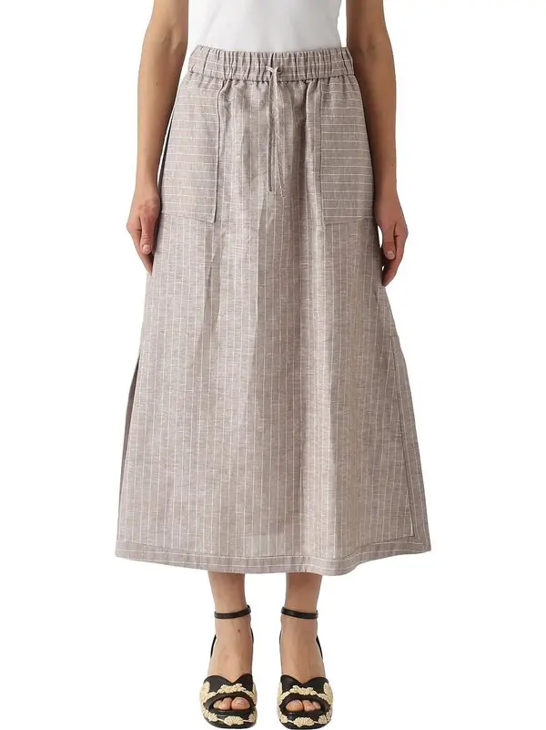 Max Mara Striped Linen Cotton Midi Skirt - Grey