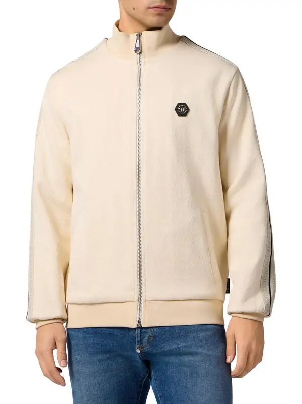Philipp Plein Cotton Blend Zip Hoodie With Logo - Beige