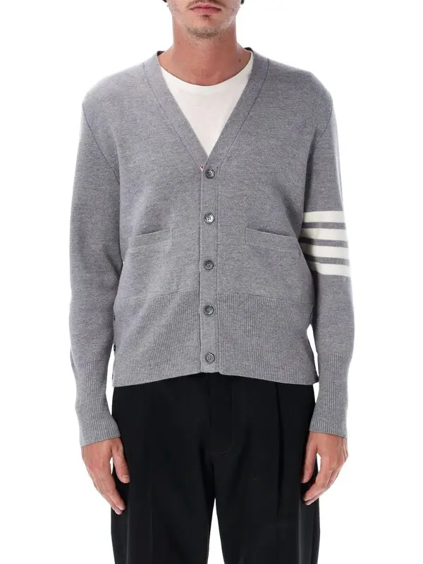 Thom Browne V-neck Cardigan With Four-bar Detail - Grey