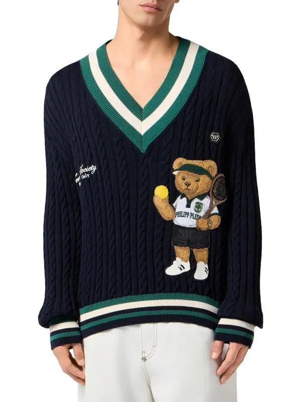 Philipp Plein Wool Blend V-neck Jumper With Embroidered Detail - Navy