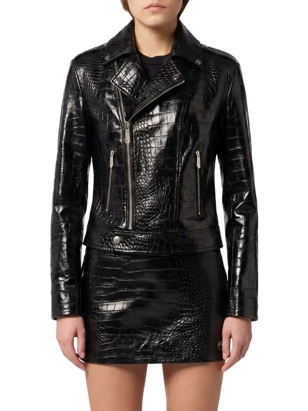 Philipp Plein Crocodile-embossed Leather Biker Jacket - Black