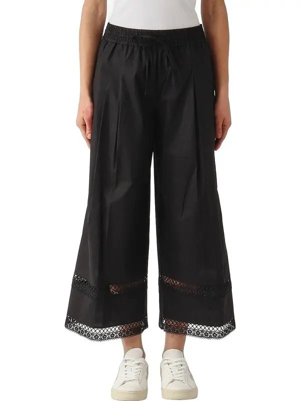 TWINSET Cropped Embroidered Cotton Blend Trousers - Black
