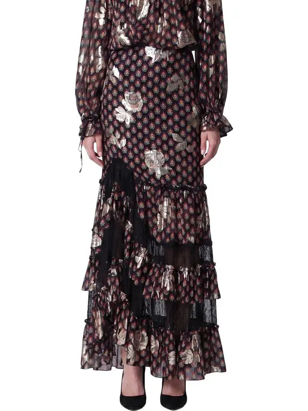 Etro Floral Jacquard Asymmetric Long Silk Skirt With Lace Inserts - Multicolor